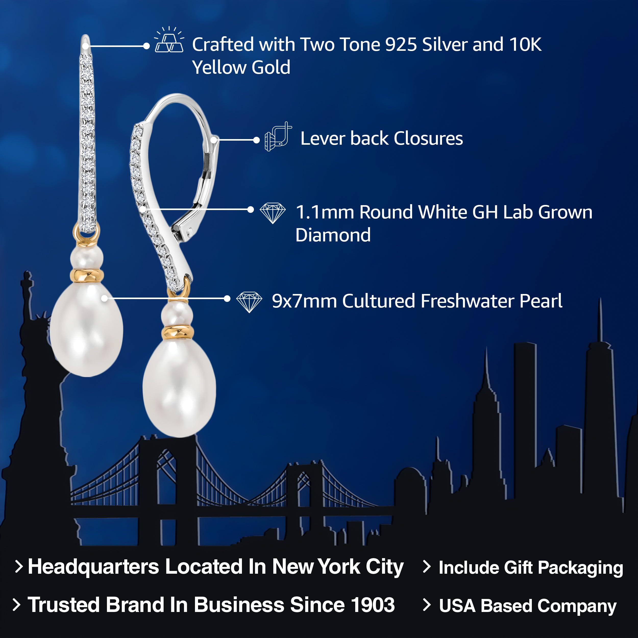 Gem Stone King 925 Sterling Silver and 10K Yellow Gold 9X7MM Cultured Freshwater Pearl and White Lab Grown Diamond Dangling Earrings with Leverback For Women