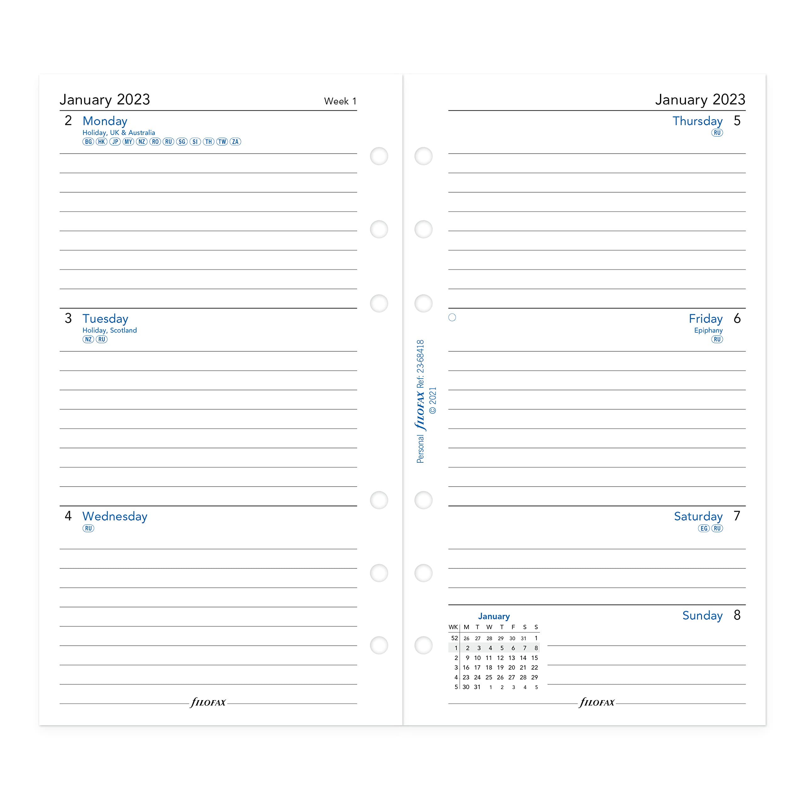 Filofax Refill, Personal/Compact Size, Week-to-View, White Paper, Ruled, English, 2023 (C68418-23) (68418-2018)