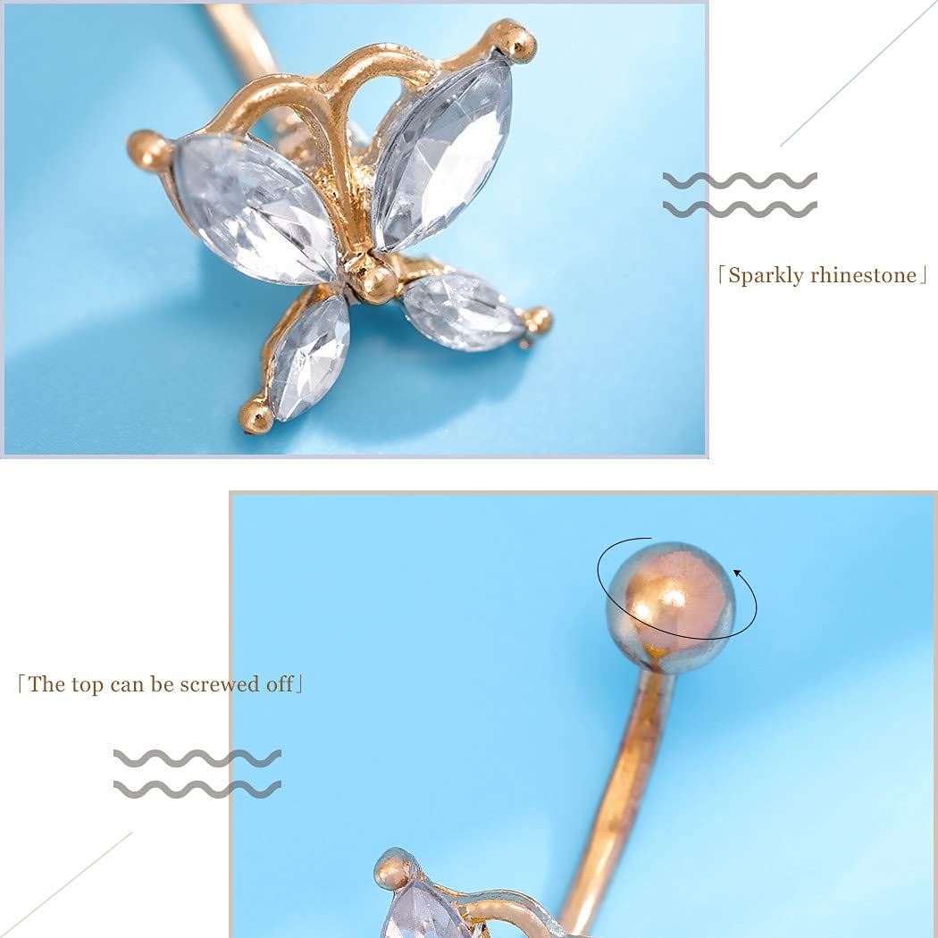 DRESBE Crystal Belly Button Ring Gold Body Chains Butterfly Piercing Navel Ring Boho Body Jewelry Accessories for Women and Girls BC129