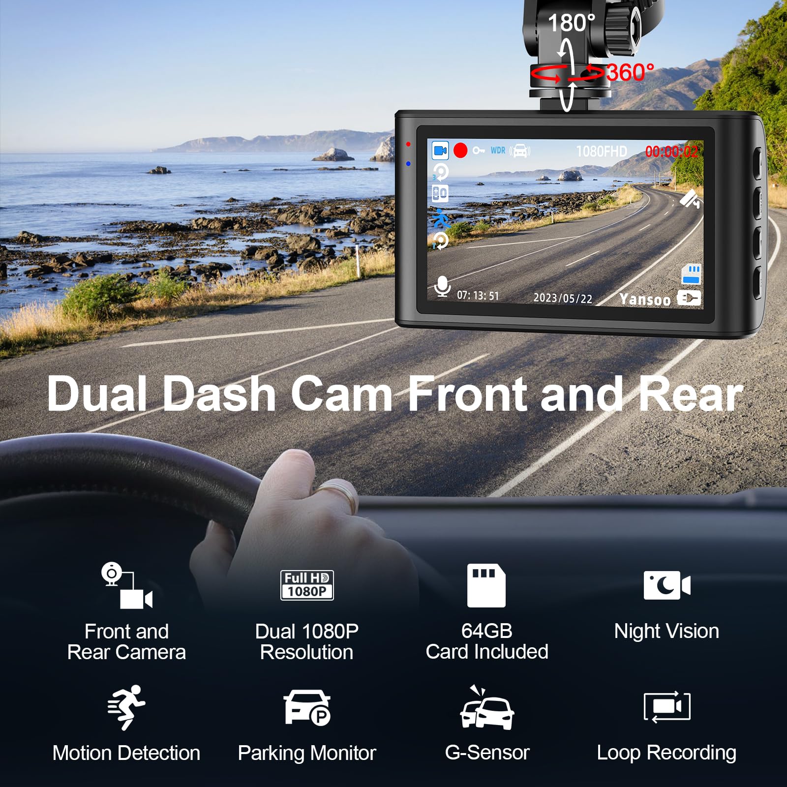 Dual Dashcams for Cars Front and Rear,1080P Super Night Vision Dash Cam Front and Rear,3" IPS Dual Dash Camera for Cars with G-Sensor,Loop Recording,Parking Monitor,Motion Detection