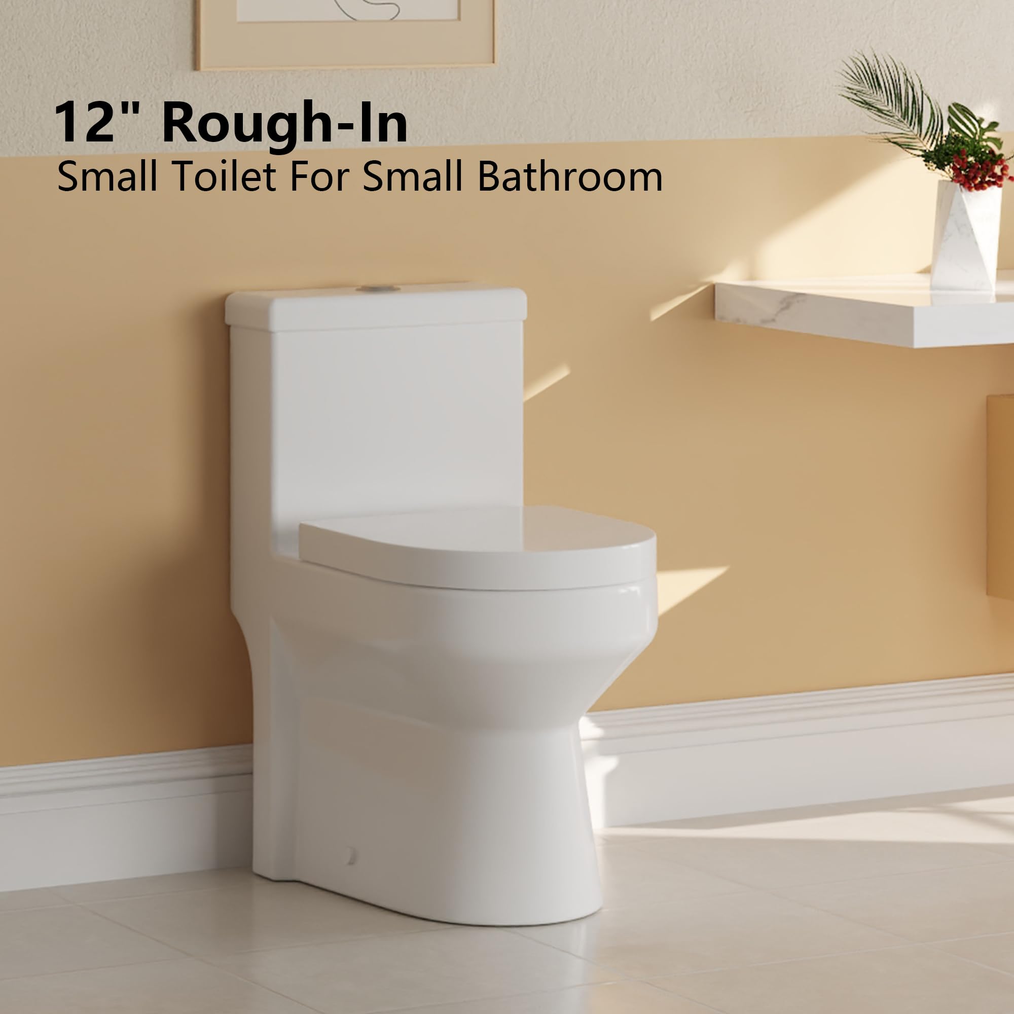 DeerValley DV-1F52813 Tiny Small Compact Dual Flush One Piece Toilet, Space Saver Commode designed for Water Closet, Soft Closing Seat Included, High-Efficiency WaterSense Cotton White
