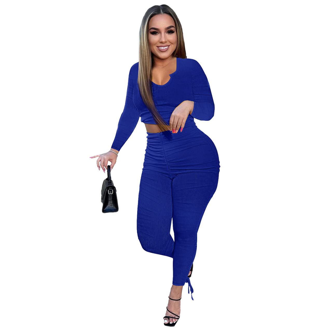 GEMEIQ Women’s 2 piece workout sets Ribbed Long Sleeve Crop Tops High Waist Leggings Active Matching Gym Yoga Sets Blue L