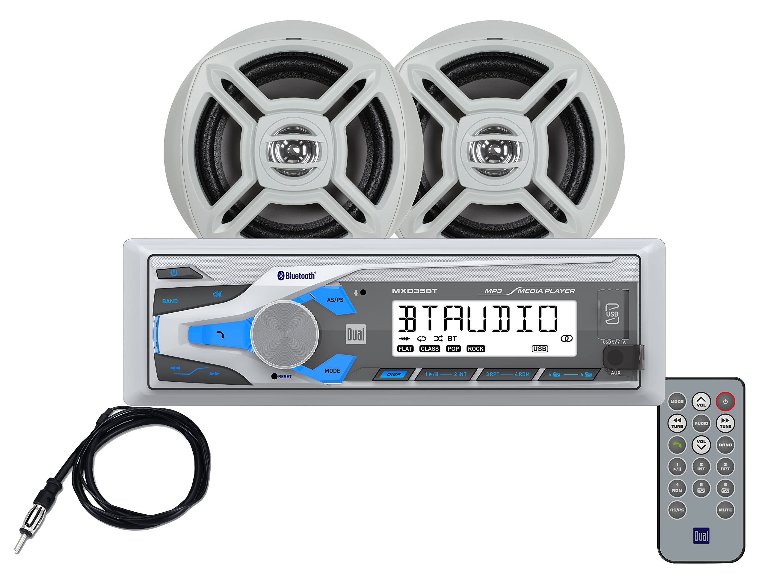 Dual Electronics WCP365BT Marine Single DIN Stereo Receiver with AM/FM Tuner, Built-in Bluetooth, USB Port, Two 6.5 inch Dual Cone Marine Speakers & Marine Antenna Combo