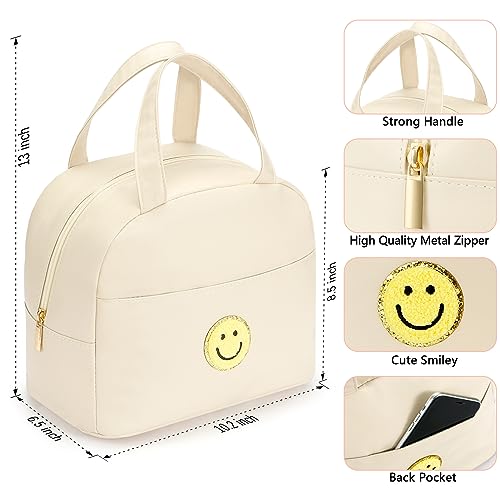 POETIC WREATH Lunch Bag for Women Large Insulated Box Reusable Tote with Preppy Bag,Soft Leather Lunchbag Work School Picnic Travel (White)
