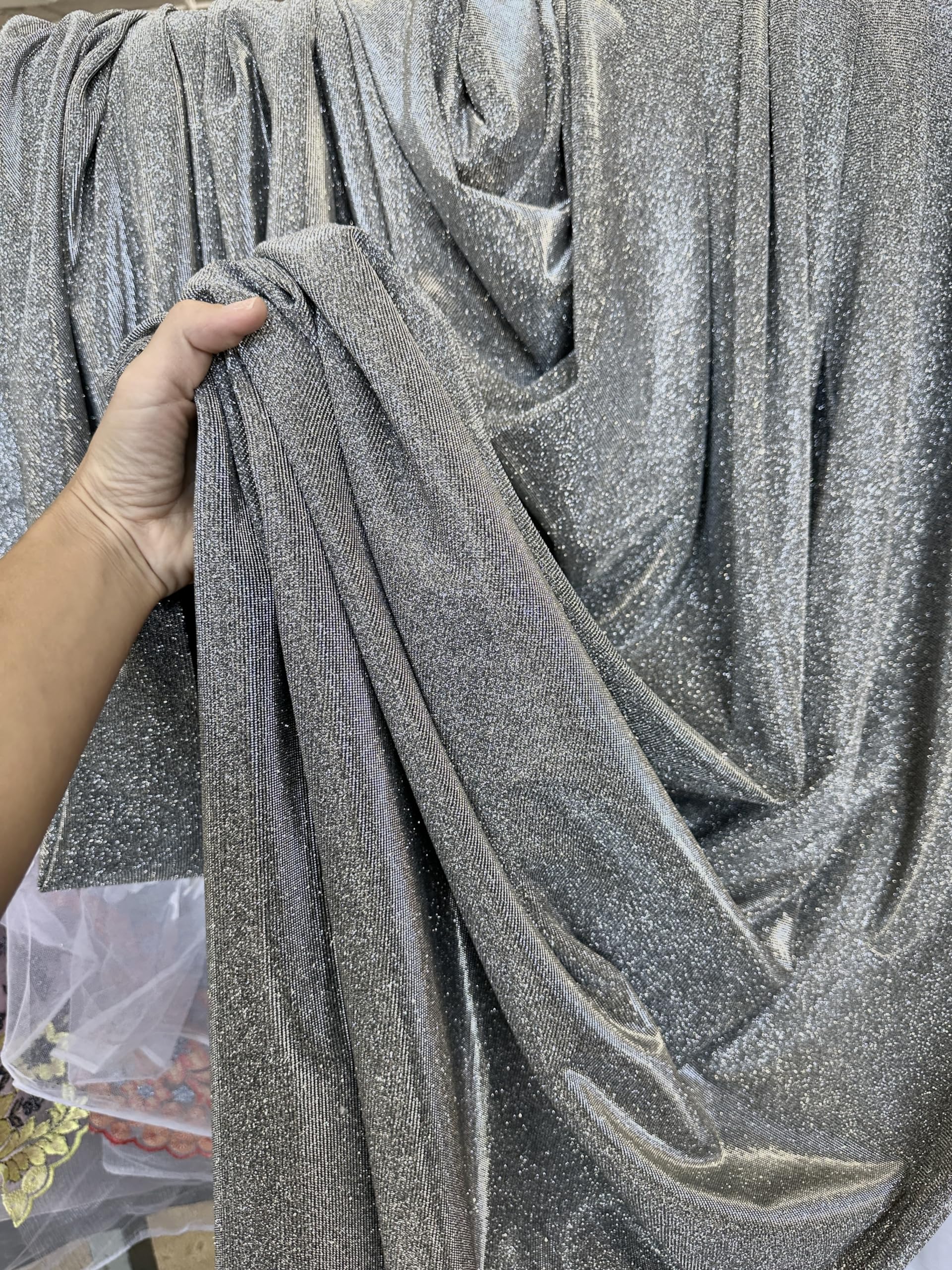 Glittering Lurex Fabric - Shimmer and Shine with Metallic Sparkle - Fashion Fabric by The Yard - for Crafting and Embroidery - Polyester Stretch Fabric - 1 Yard (Stretch Silver)