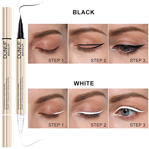 DUNUF MAKEUP 2 in1 Waterproof Liquid Eyeliner, Pitch Black, White,white liquid liner,0.02 Fl Oz (Pack of 1)