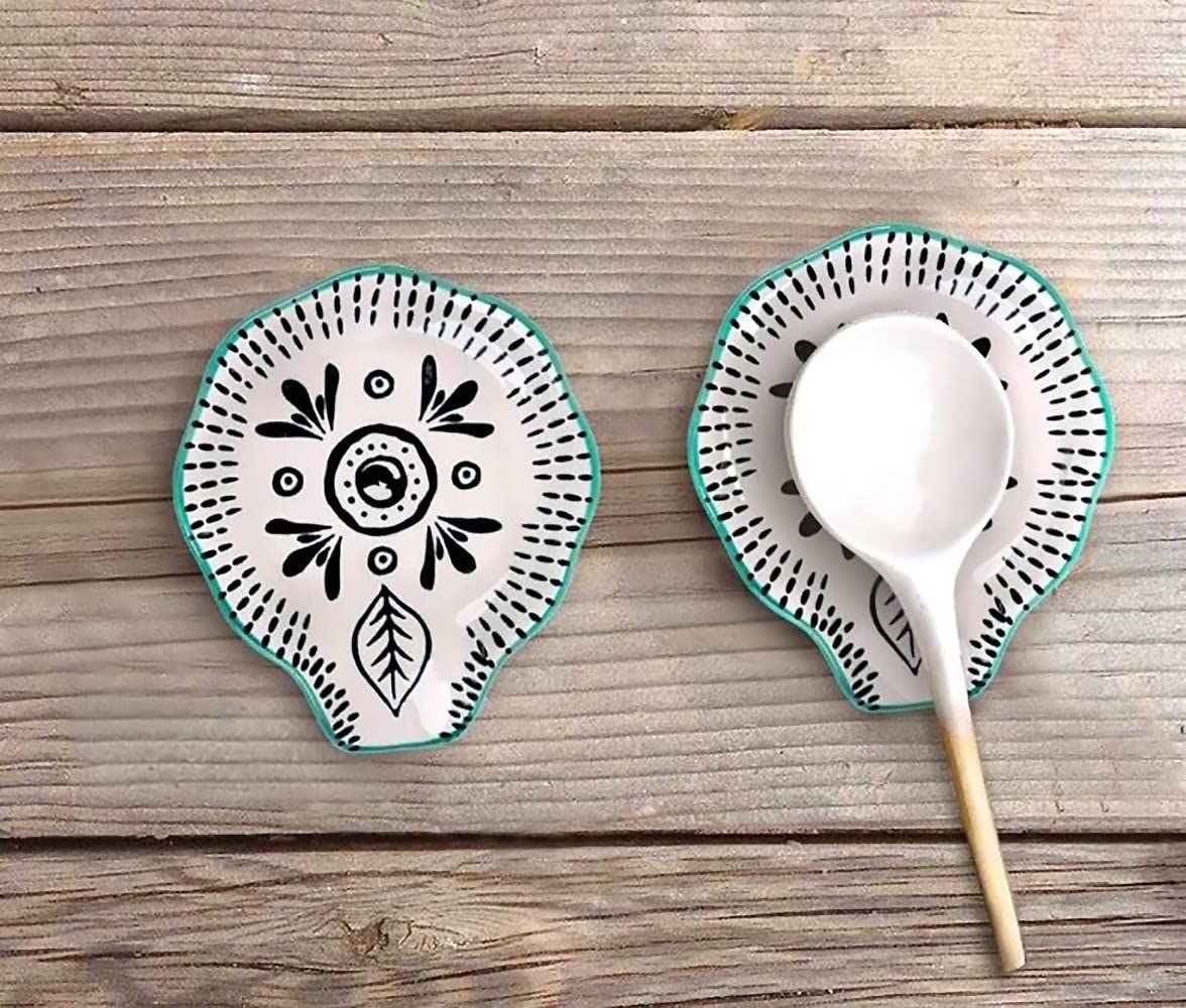 heart & home Ceramic Spoon Rest For Kitchen, Hand Stamped Spoon Holder For Stove Top, Kitchen Utensil Spoon Rest, 5.5‘’L
