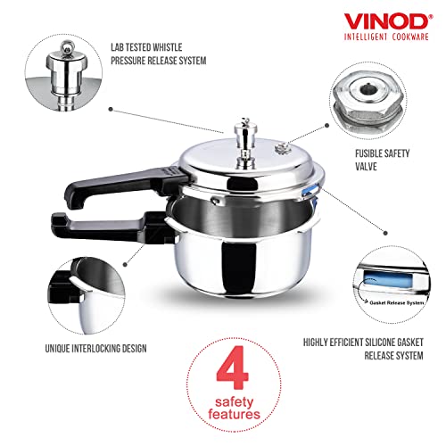 Vinod Pressure Cooker Stainless Steel – Outer Lid - 2 Liter – Induction Base Cooker – Indian Pressure Cooker – Sandwich Bottom – Best Used For Indian Cooking, Soups, and Rice Recipes, Quinoa