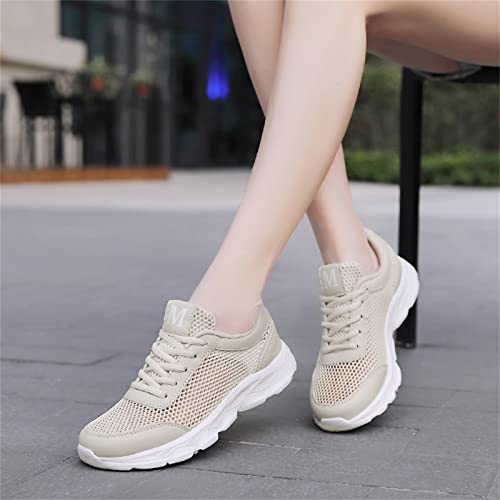 FASDNENDYS Fashion Summer Women Mesh Hollowed Breathable Comfortable Lightweight Lace Up Flat Bottom Shoes No Laces Beige