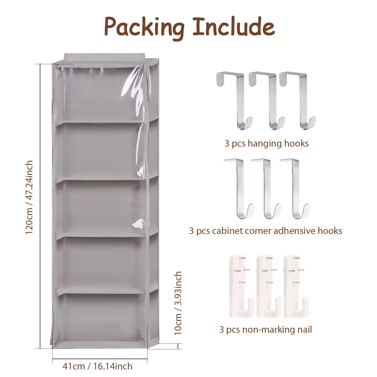 Stuffed Animal Storage, Hanging Over The Door Stuffed Animal Organizer with 5 Clear Dust-Proof Pocket Organizer for Display Kid's Toys.(Light Gray)