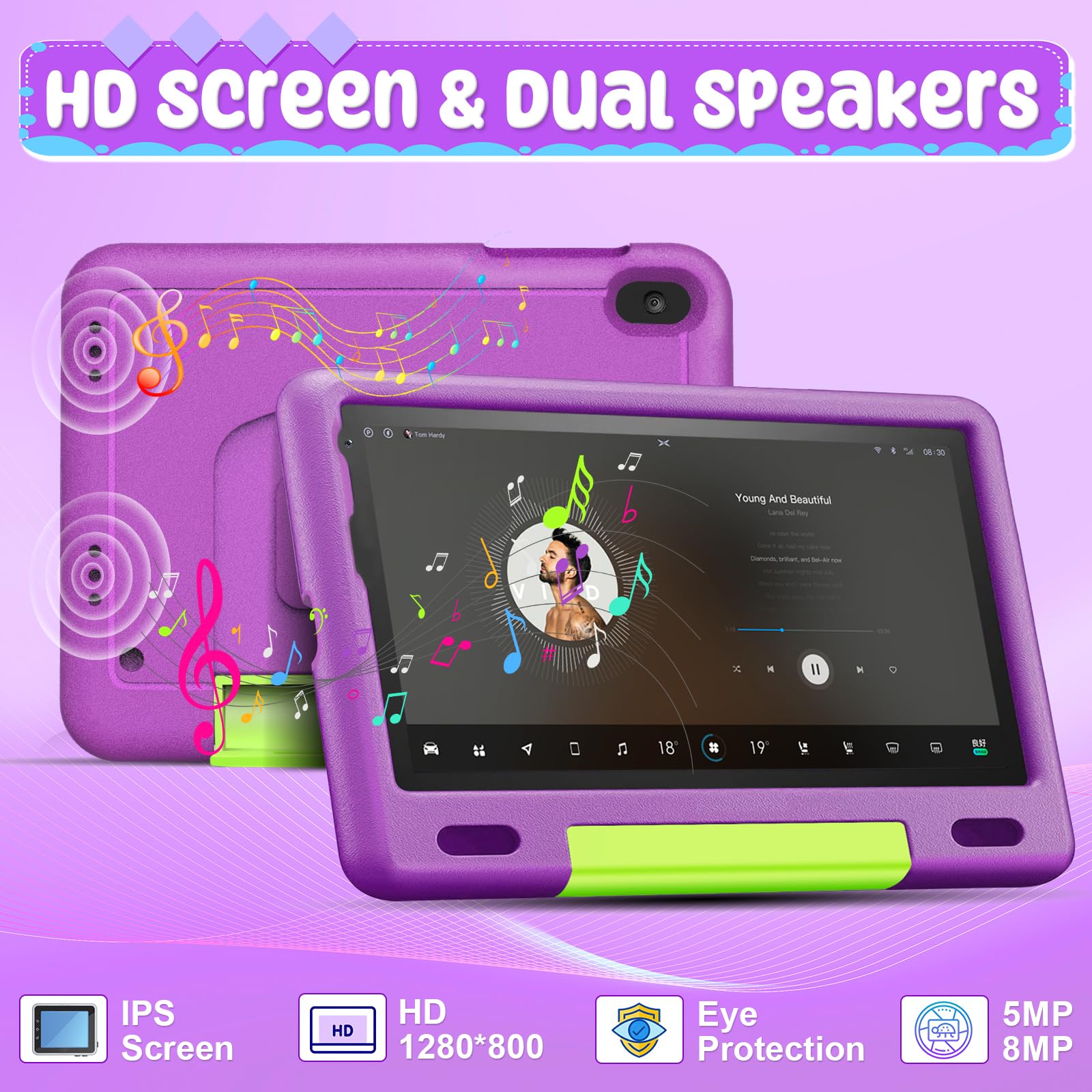 DUODUOGO 8 inch Kids Tablet Android 12 Tablet 8GB+128GB, Tablet for Kids with Parent Control & APP Preinstalled, Dual Camera, 5G/2.4G WiFi, Bluetooth, GPS, FM, Shock-Proof Case, Carry Bag (Purple)
