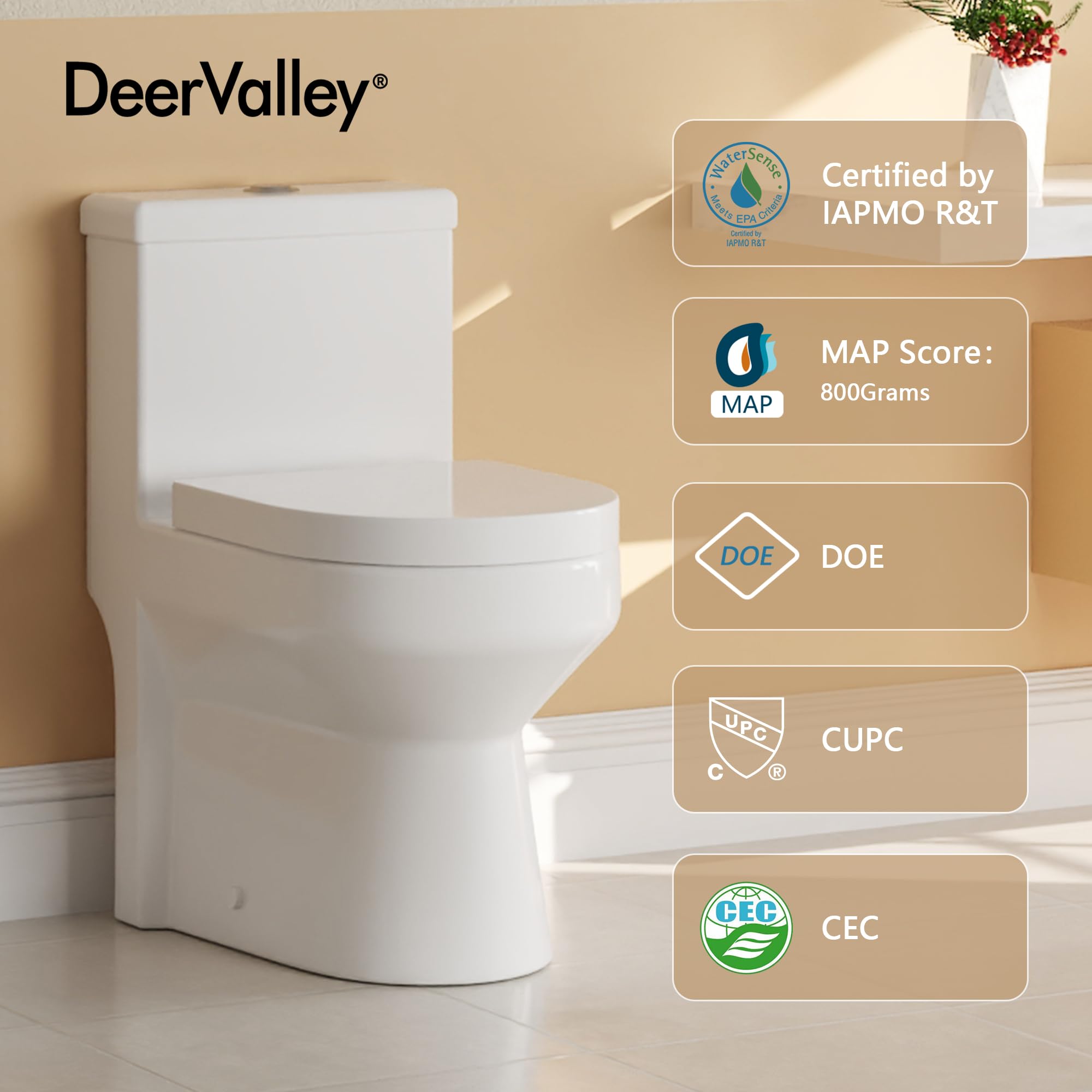 DeerValley DV-1F52813 Tiny Small Compact Dual Flush One Piece Toilet, Space Saver Commode designed for Water Closet, Soft Closing Seat Included, High-Efficiency WaterSense Cotton White