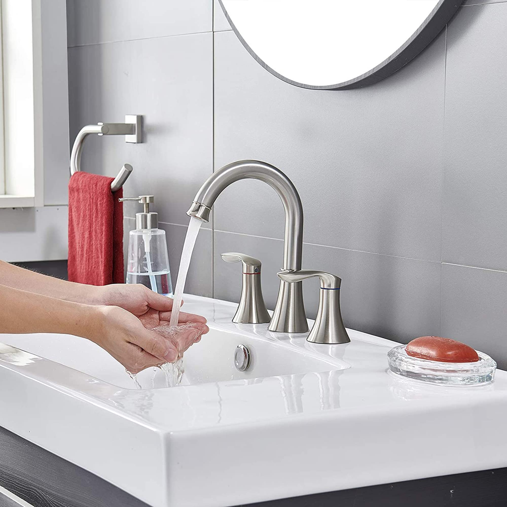 Friho Modern 2 Handle 3 Hole Brushed Nickel Widespread Bathroom Faucet, 8 inch Lavatory Vanity Swivel Spout Bathroom Sink Faucet with Water Supply Hoses and Pop Up Drain