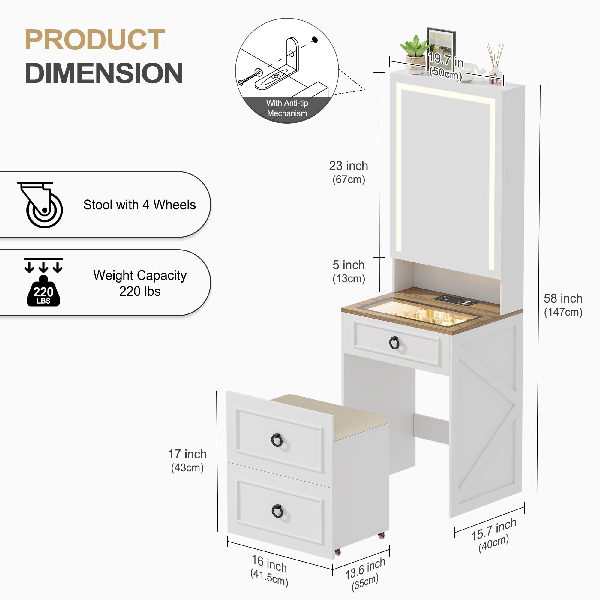 Lvifur Small Vanity Desk with Mirror and Lights, Modern Glass Top Dressing Table with Wheels & Charging Station, Compact Makeup Vanity Set with Jewelry Space & Hidden Storage Stool (White)