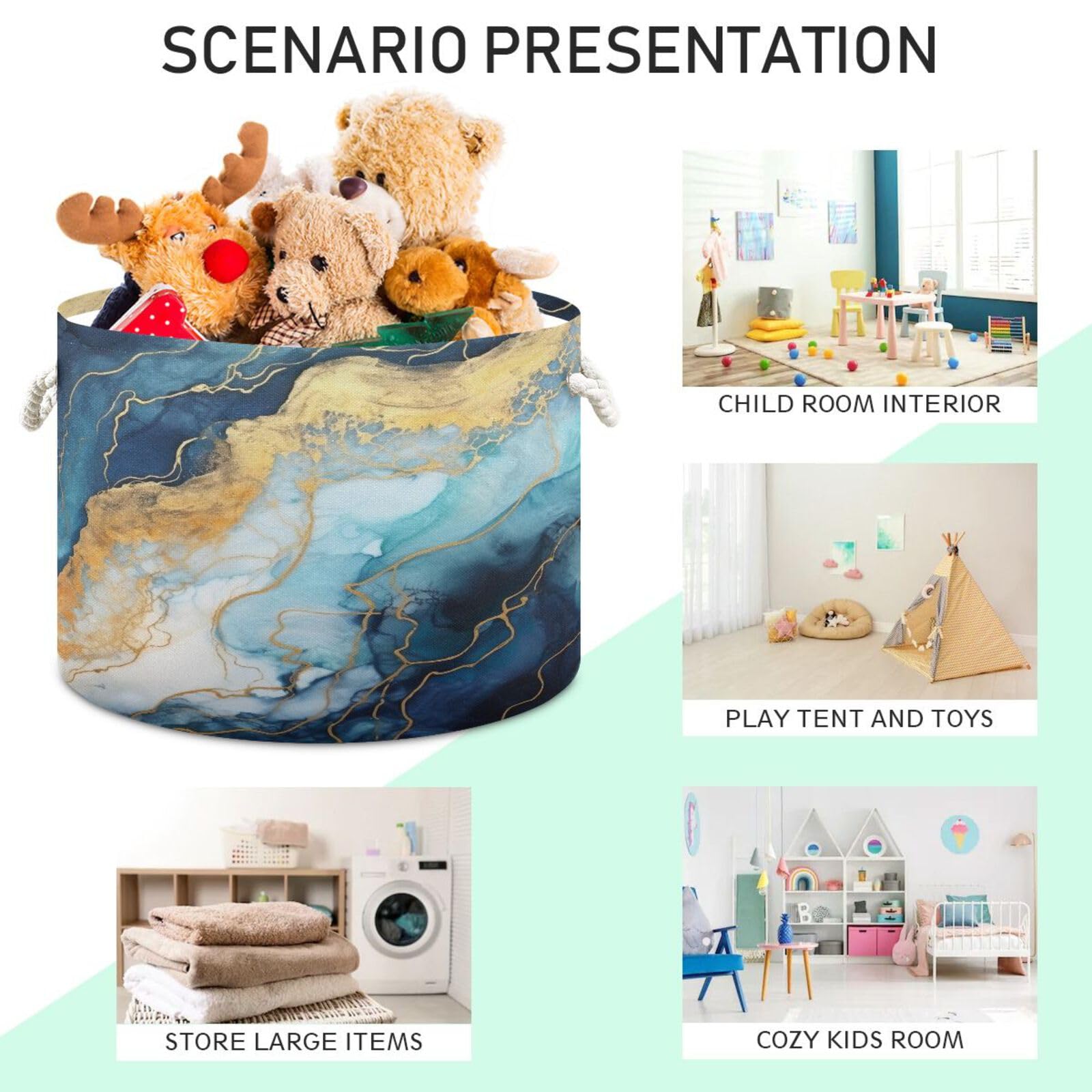 Kigai Cotton Rope Basket Blue Gold Marble Large Storage Basket for Toys Blanket Baby Laundry Basket for Nursery, Closet, Bedroom, Home Organization