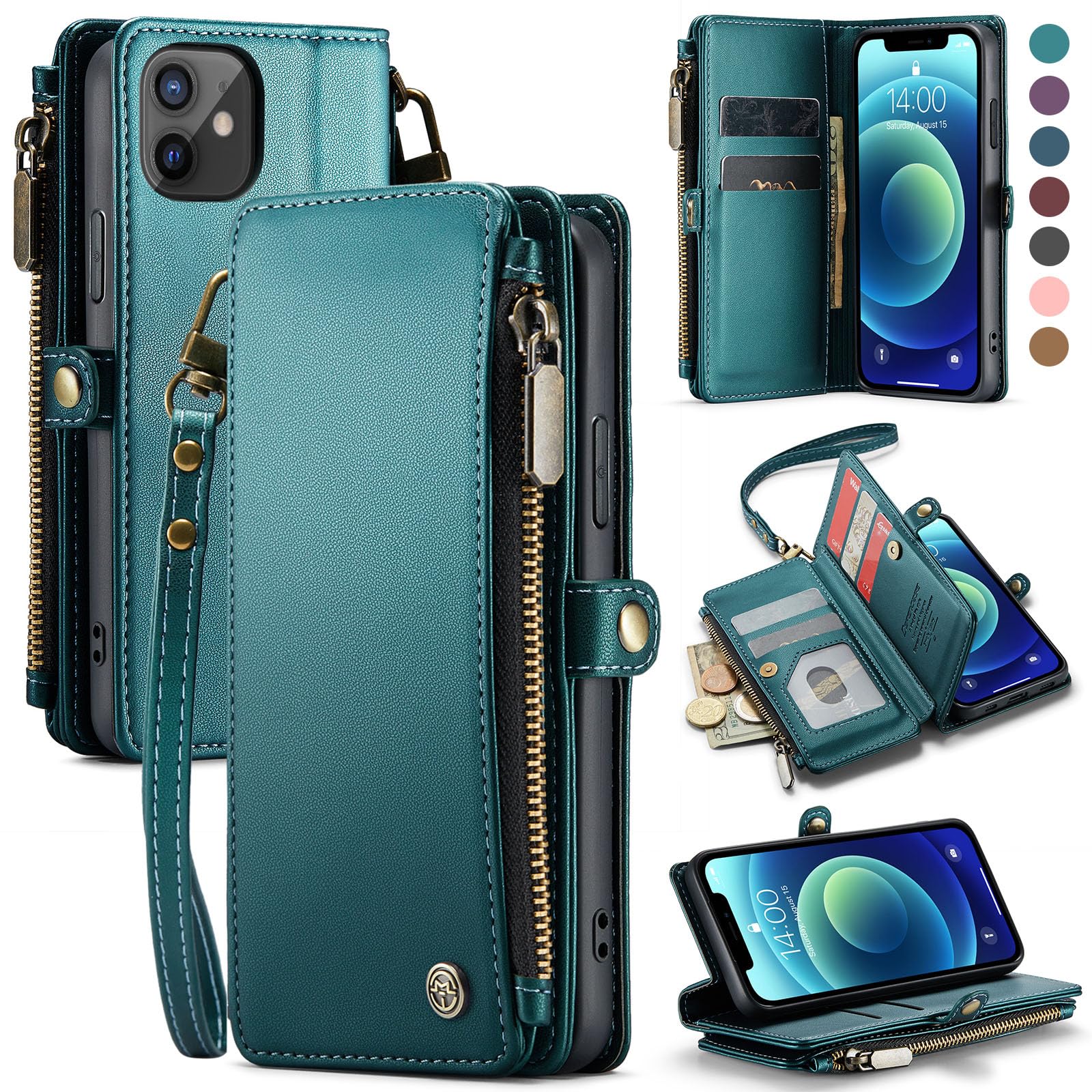Defencase for iPhone 12/12 Pro Case, RFID Blocking for iPhone 12 Wallet Case for Women with Card Holder, Zipper Magnetic Flip PU Leather Strap Protective Cover for iPhone 12/Pro Phone Case, Blue Green