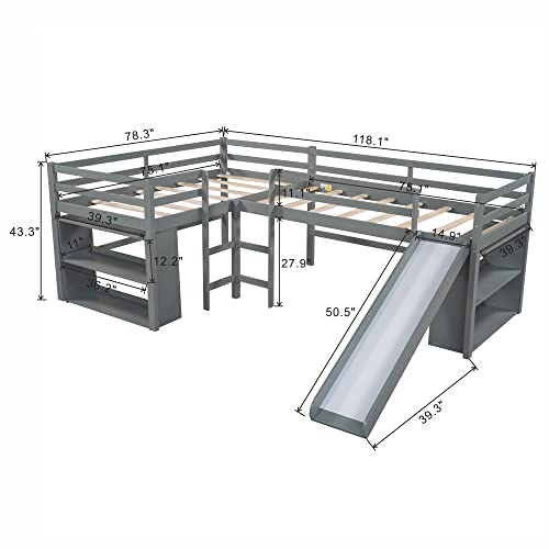 VilroCaz L-Shaped Twin Size Loft Bed with Widened Ladders and Slide, Solid Wood Loft Bed Frames with Safety Guardrail and Movable Bookshelfs for Kids, Teens, Girls & Boys (Gray)
