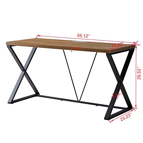 DYH Computer Desk, Rustic Wood and Metal X Writing Desk, Wood Table for Home Office, 55 inch