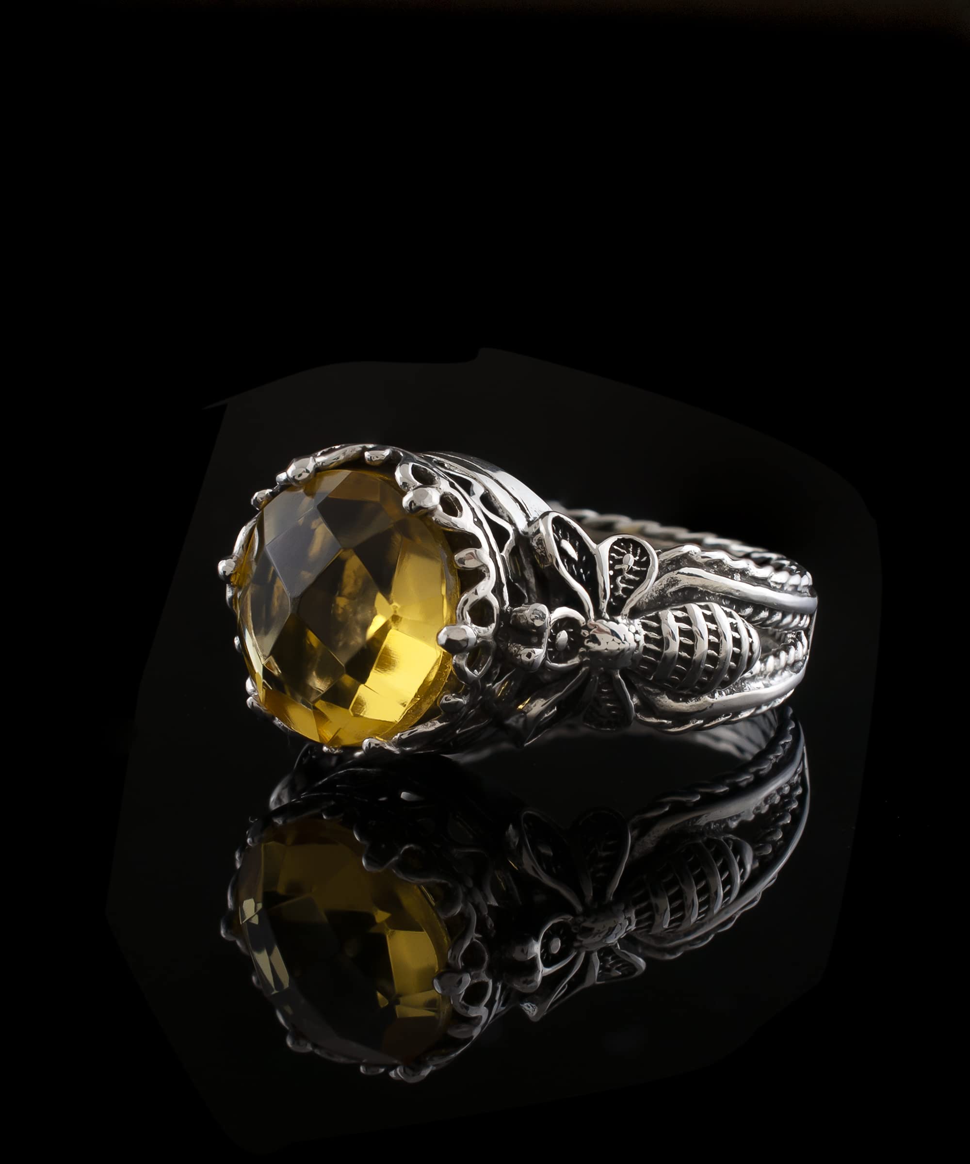 Filigranist 925 Sterling Silver Filigree Art Queen Bee Detailed Gemstone Women Cocktail Ring, Luxurious Gift Boxed (Citrine, 6)