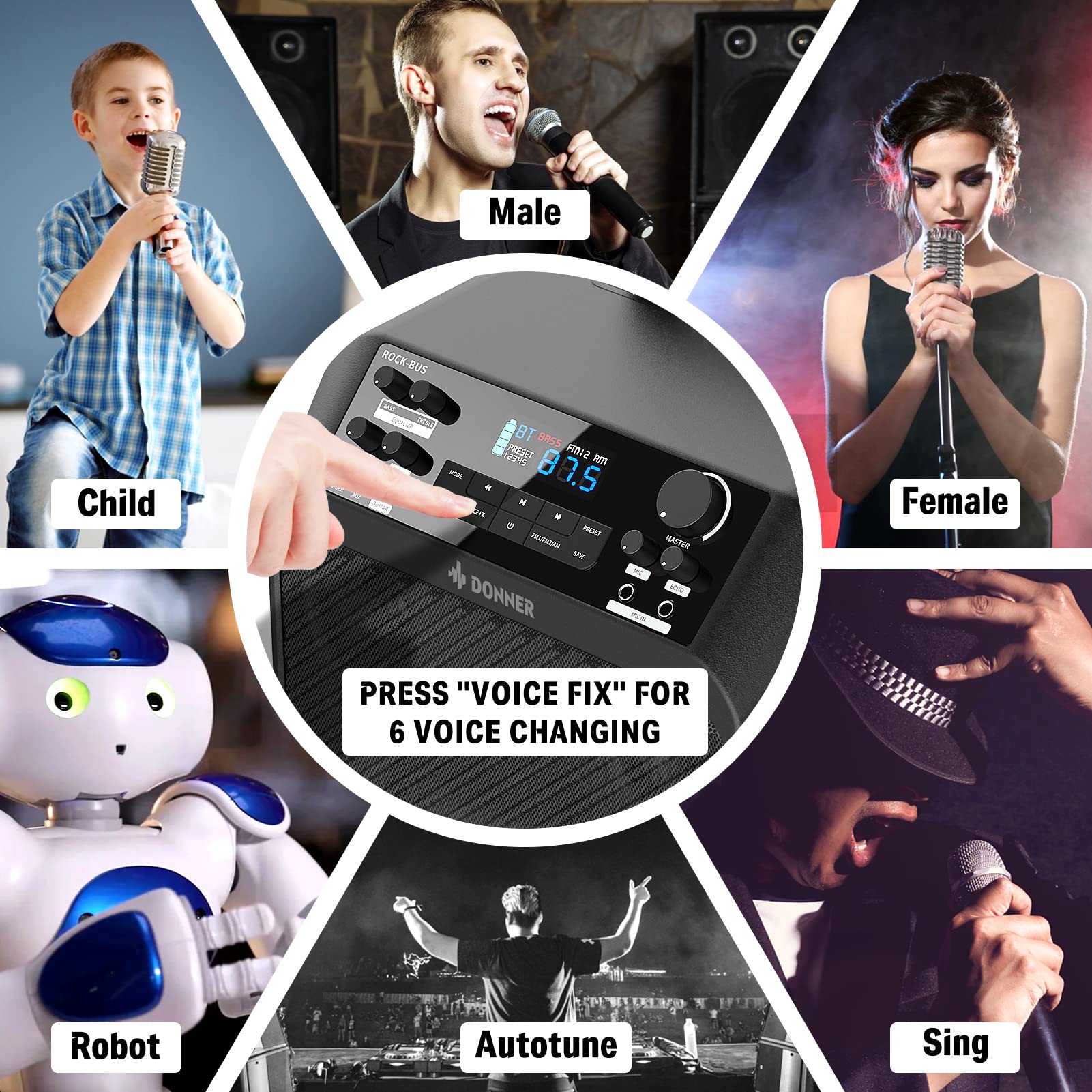 Donner Portable Bluetooth Speaker, PA System Subwoofer for Christmas, Karaoke Machine with 2 Wired Microphones, Supports Voice Changing, Treble/Bass Adjustment, Guitar Input, AUX, FM/AM, USB-Charging