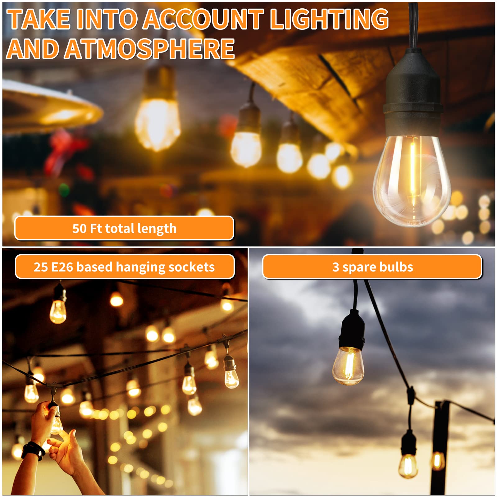 Hassoft S14 Outdoor String Lights - 28 LED Bulbs (3 spares), Outdoor Lights - 48.5 Ft, Patio Lights - Material Upgrade, Certified as Commercial Outdoor Lighting Products by ETL