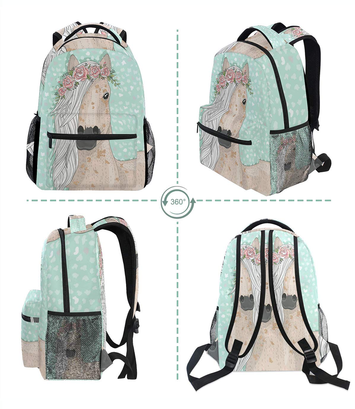 Flower Horse School Backpacks Blue Pony Student Backpack Big For Girls Boys Elementary School Shoulder Bag Bookbag Fairy Tale