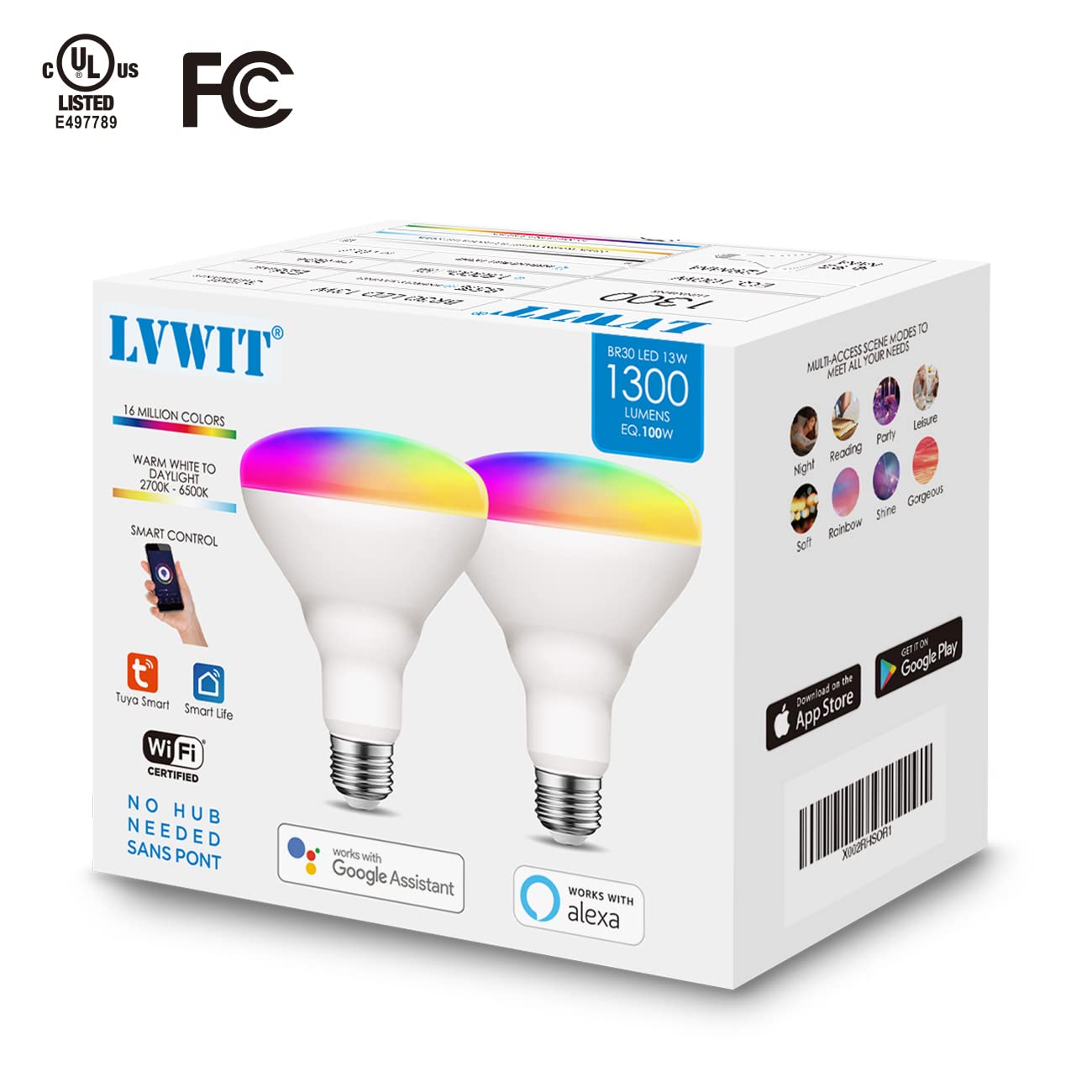 LVWIT Smart LED Bulbs, BR30 Wi-Fi Smart Light Bulb, E26 100W Replacement, Work with Alexa, Google Assistant, Tuya App, Dimmable 1300 Lumens RGB Color Changing Bulb (13W), No Hub Required, 2-Pack