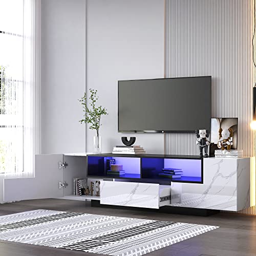 Vinctik 6&Fox 70inch LED TV Stand for 80/75 inch TV,Modern TV Stand for Living Room,TV Console,High Gloss Entertainment Center with Large Storage Drawer,APP LED Light(Marbling)