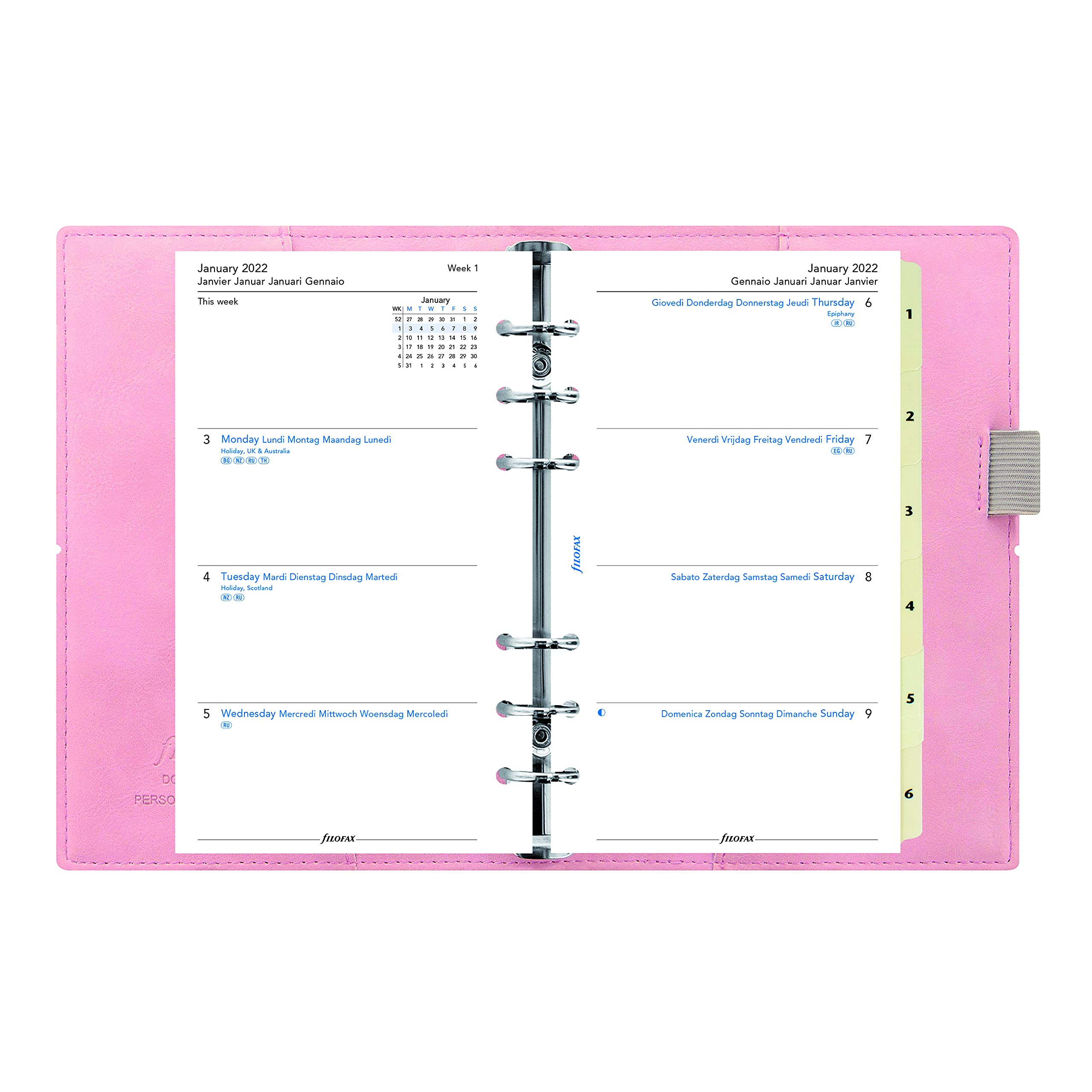 Filofax Domino Soft Organizer, Personal Size, Pale Pink - Leather-Look, Soft Tactile Cover, Six Rings, Week-to-View Calendar Diary, Multilingual, 2022 (C022577-22)