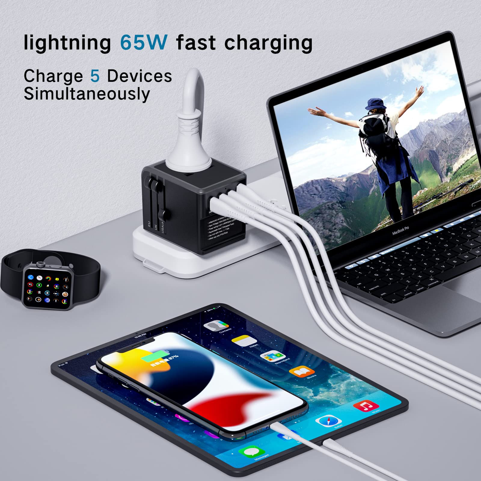 Global Travel Adapter 65W Fast Charger with 3 Type-c and 1 USB Universal Travel Plug adapters with 1M Lightning Cable for Over 200 Countries Including UK Japan China EU (Black)