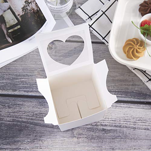 ONE MORE White Cupcake Boxes 4x4x4 with Heart Shape Window,Small Paper Gift Boxes with Lids for Gifts Crafting White Paper Gift Boxes Pack of 25