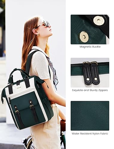 LOVEVOOK Laptop Backpack for Women, Teacher Nurse Bag Work Travel Computer Backpacks Purse,Water Resistant Daypack with USB Charging Port,Beige Green 15.6in