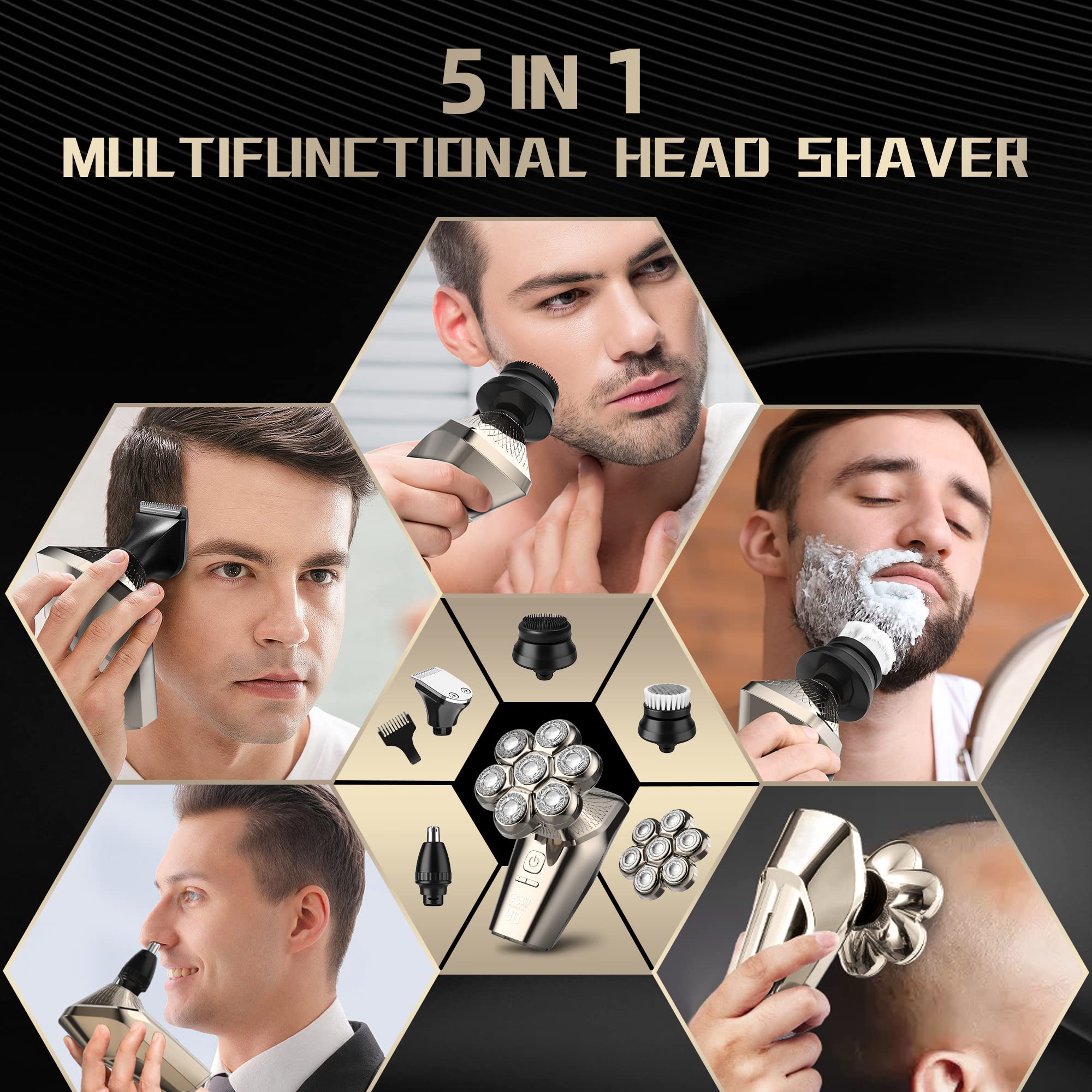Head Shaver for Bald Men, Electric Razor for Men 5-in-1 Multifunctional Electric Head Shaver Bald Clippers for Men Wet/Dry Waterproof 7D Rotary Shaver Grooming Kit Rechargeable with LED Display