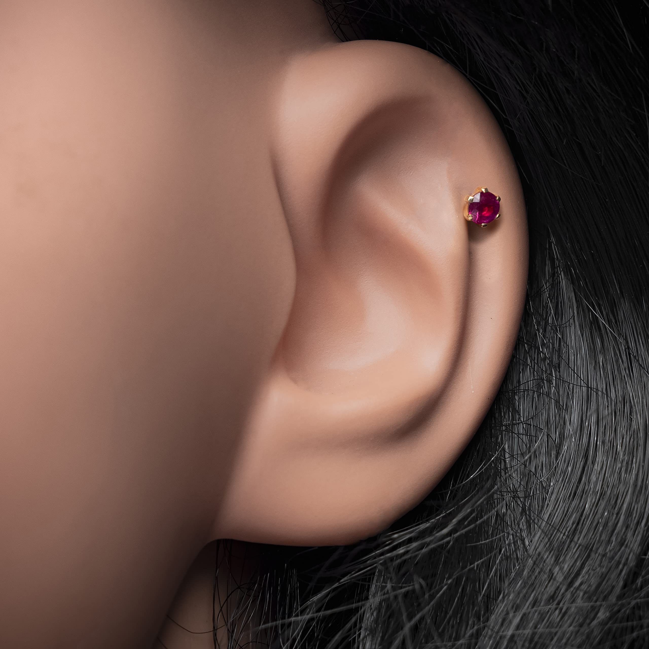 Demira Jewels Handcrafted Natural solitaire Red Ruby in 14K Yellow Gold with 8MM Post Lenght and 16 Gauge Thickness Long Screw Back.
