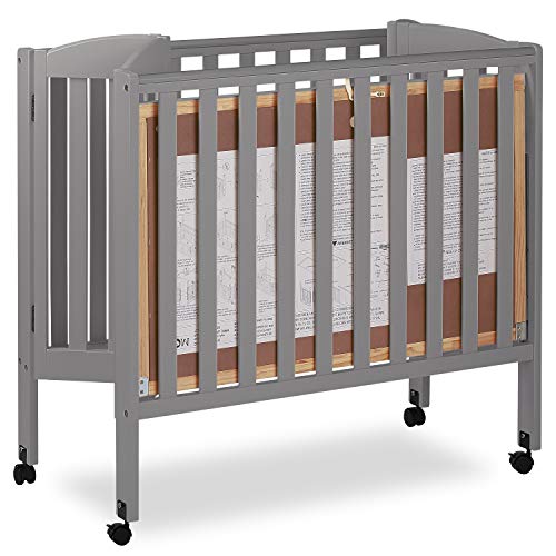 Dream On Me 3 in 1 Portable Folding Stationary Side Crib in Steel Grey, Greenguard Gold Certified, Safety Wheels with Locking Casters, Convertible, 3 Mattress Heights