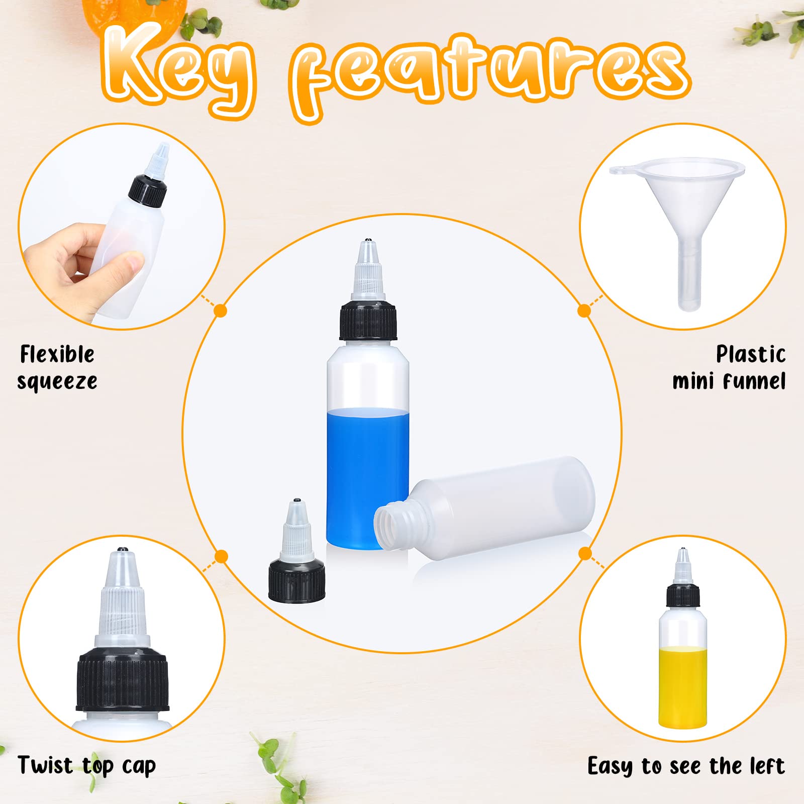 Gandeer 100 Pcs 2 oz Plastic Squeeze Bottles Condiment Squirt Bottle Small Boston Dispensing Bottles with Black Twist Cap and 5 Pcs Funnels Liquids Mini Dressing Container Ketchup Paint Bottles