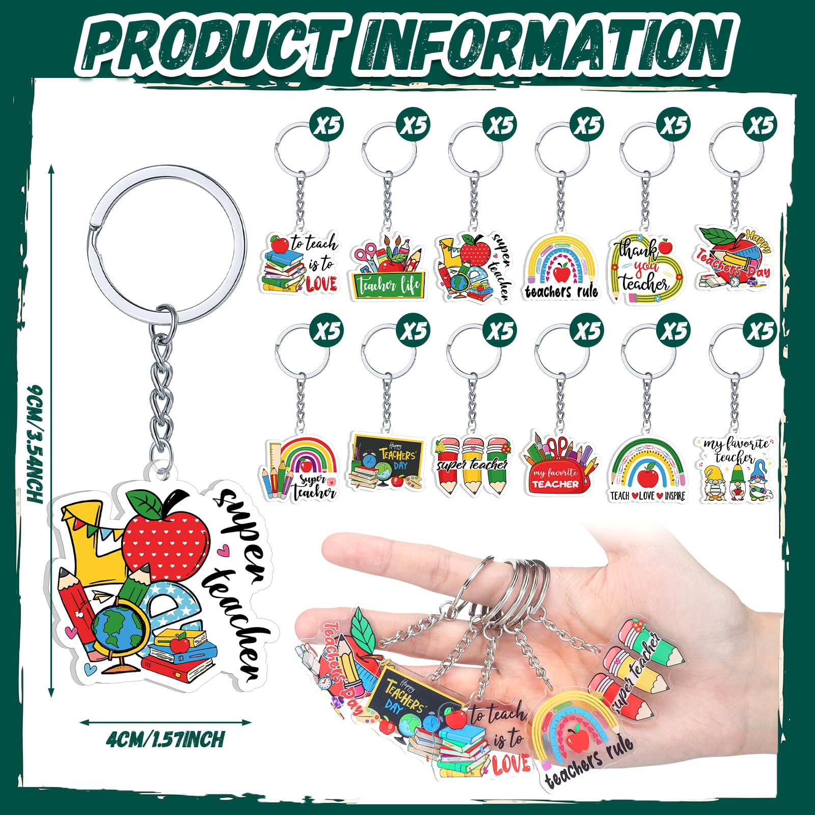 Kigeli 60 Pcs Teacher Keychain Bulk Teacher Appreciation Gifts in Bulk Acrylic Key Rings Teacher Gift Teacher Accessories