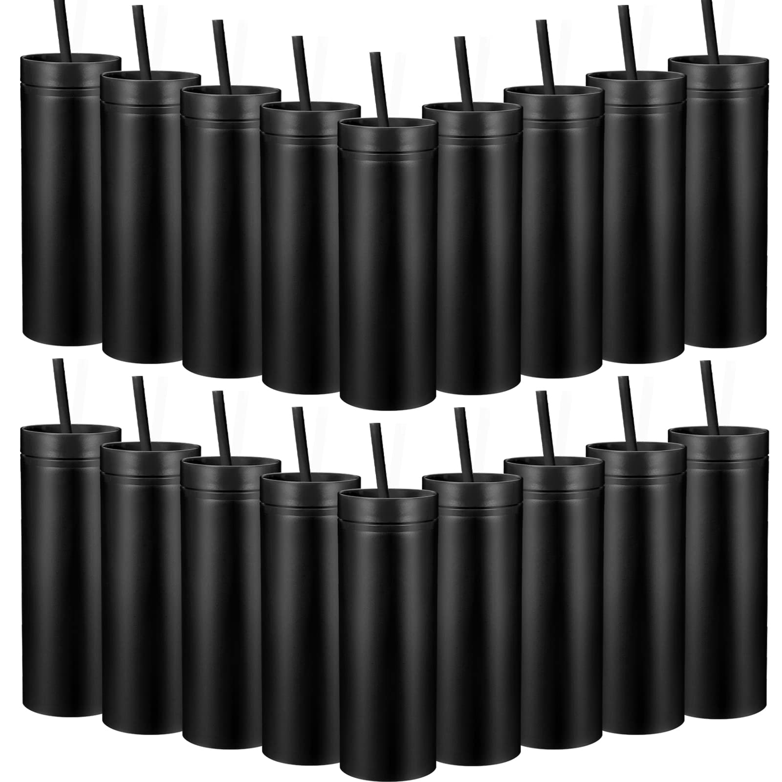 Gandeer 18 Pieces Skinny Acrylic Tumbler with Lid and Straw 16 oz Matte Cups Double Layer Plastic Tumbler Cups Vinyl Customized DIY Gifts for Parties, Birthdays, Home, Office, Bridal Shower (Black)