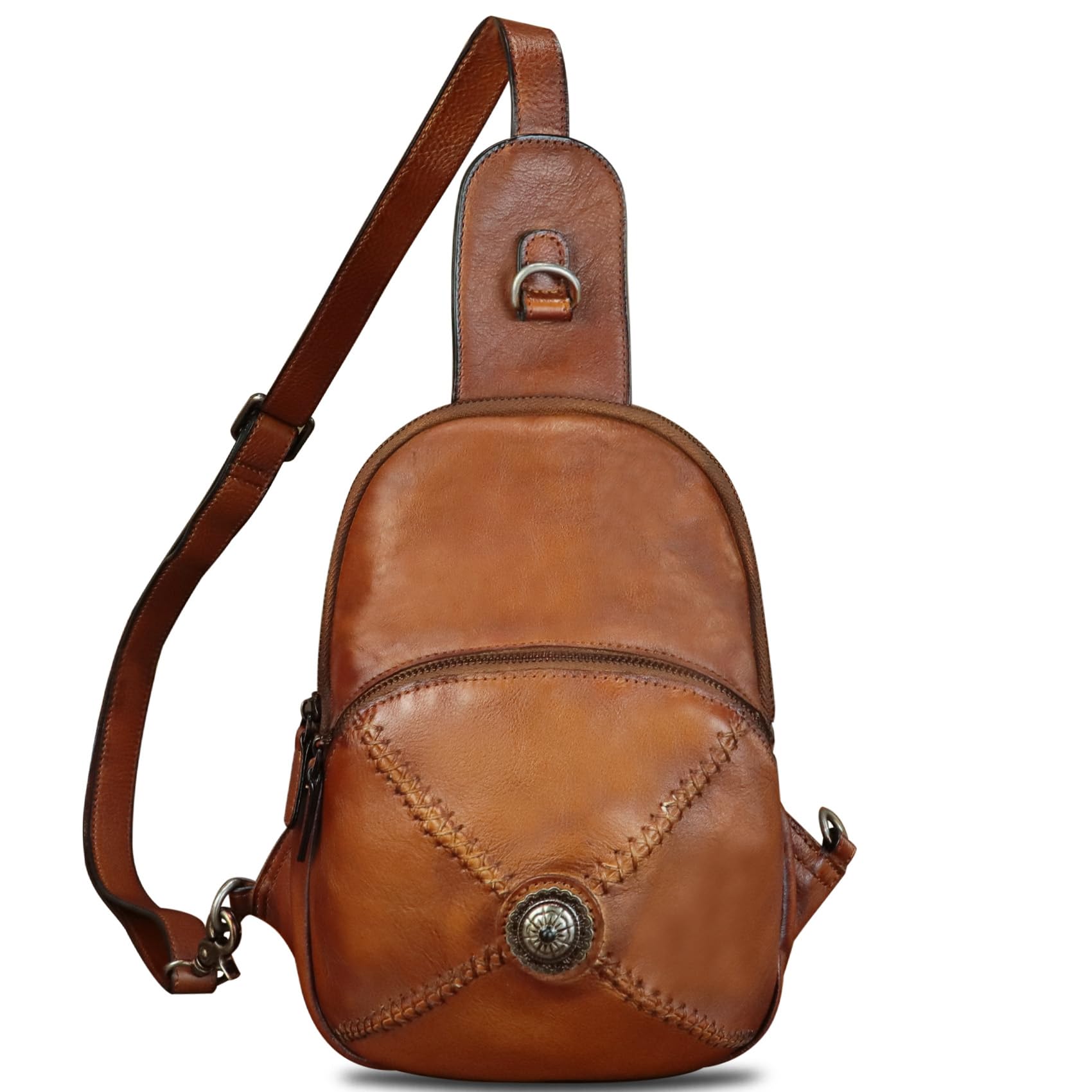 Genuine Leather Sling Bag for Women Sling Backpack Retro Chest Shoulder Vintage Handmade Hiking Crossbody Purse (Black)