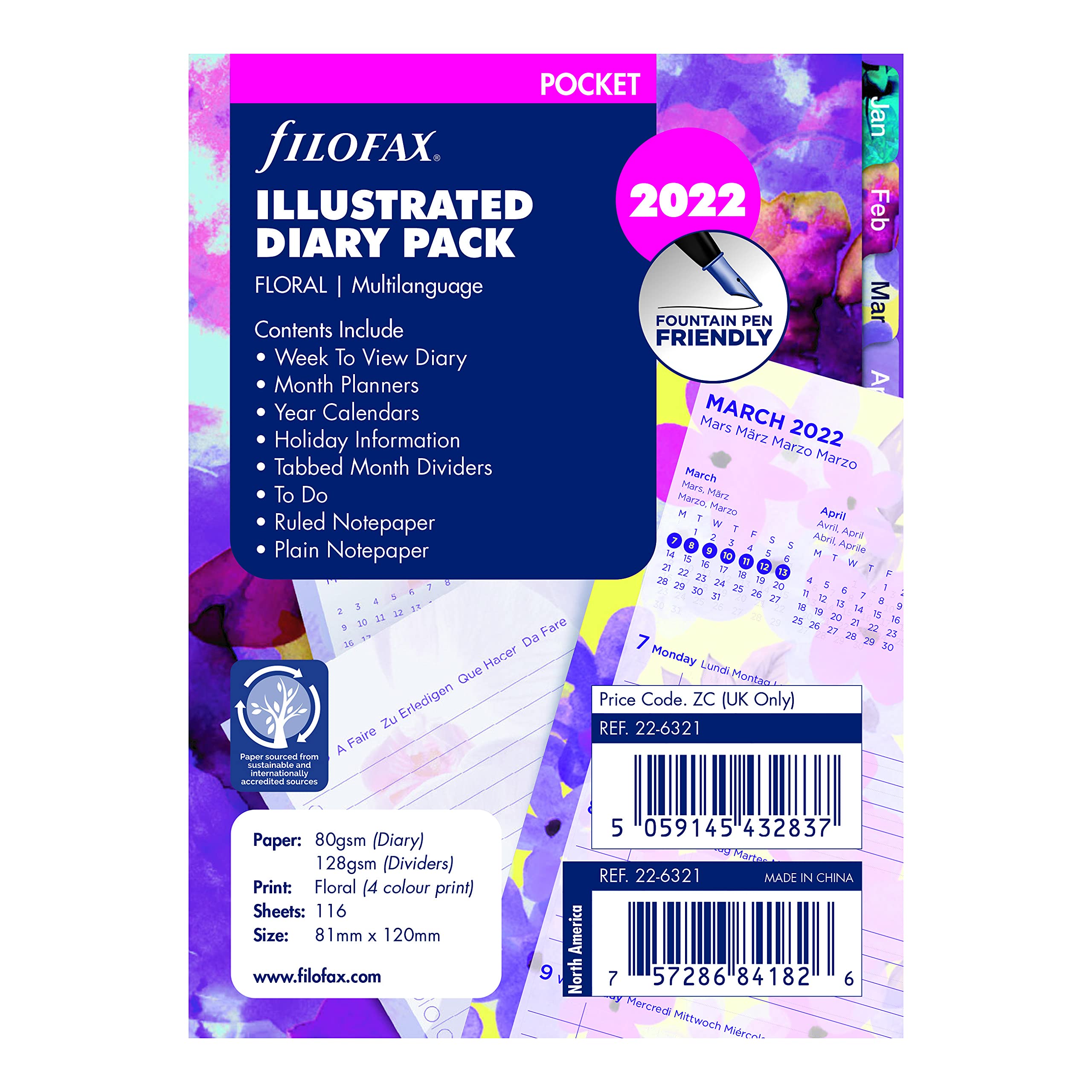 Filofax Refill, Pocket Size, Week-to-View, Illustrated Floral Diary Pack with Four-Color Print Design, Multilingual: Five Languages, 2022 (C6321-22)