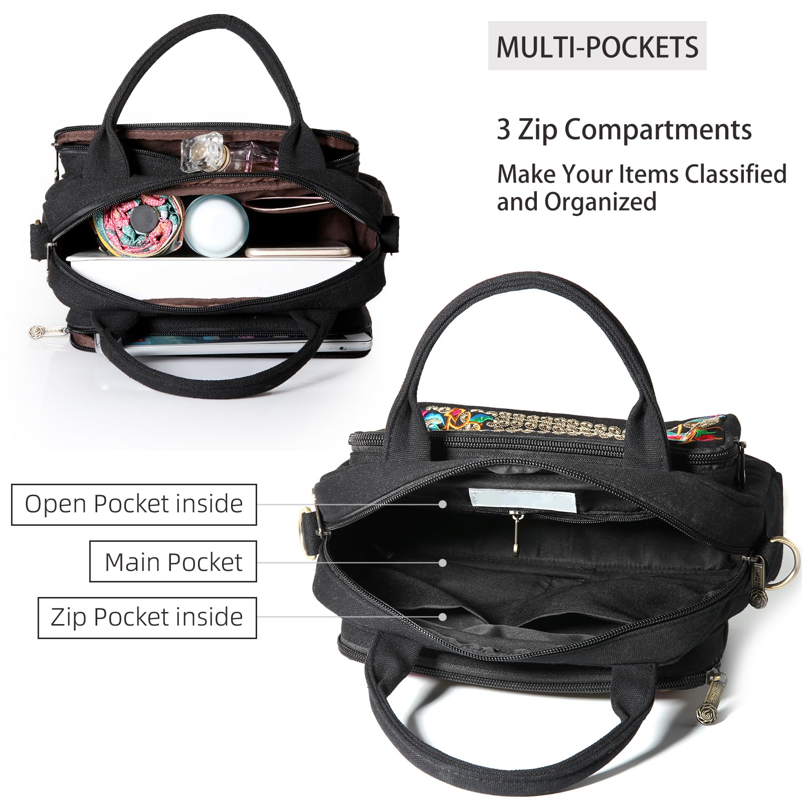 Embroidered Canvas Top Handle Handbag, 3 Layers Crossbody Bag