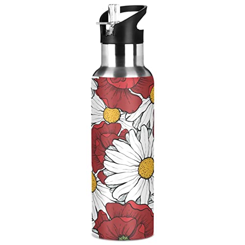 Poppies Daisies Leak Free Insulated Bottles with Handle 32 oz Vaccuum Bottle with Straw Lid Thermal Bottle for Hot & Cold Drinks BAP-Free