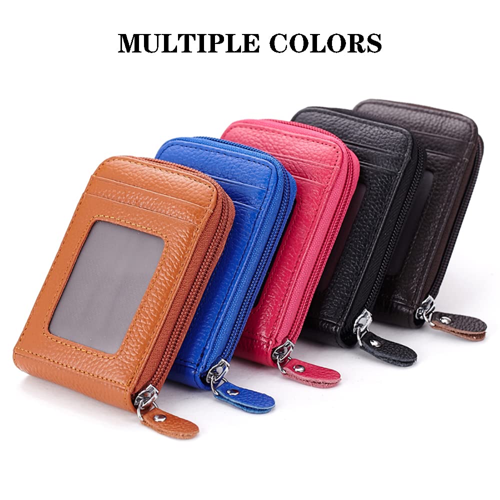 Genuine Leather Holder Zipper Credit Card Wallet RFID Organ Card Holder Purse Coin Wallet with ID Card Window (Khaki)