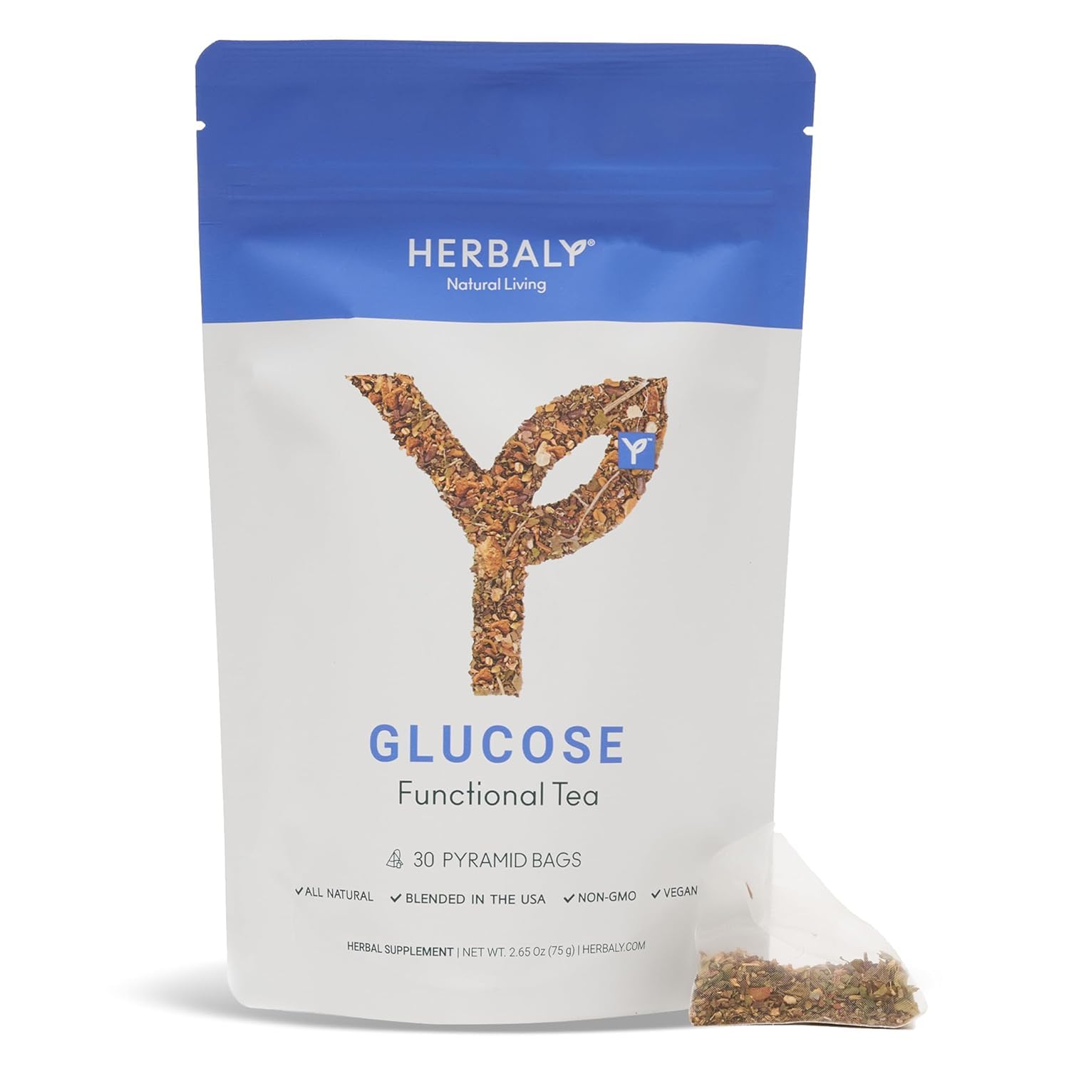 Herbaly Glucose Functional Tea - Vitality & Wellness - Gymnema Sylvestre, Ceylon Cinnamon, Bitter Melon, Dandelion Root, Fenugreek - Daily Teas - 1 Pack, 30 Plant-Based Pyramid Tea Bags