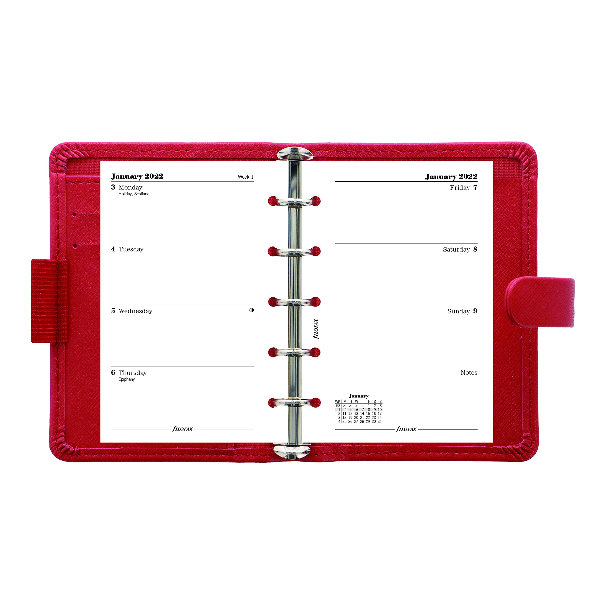 Filofax Saffiano Organizer, Mini Size, Poppy - Cross-Grain, Leather-Look, Five Rings, Week-to-View Calendar Diary, Multilingual, 2022 (C028772-22)