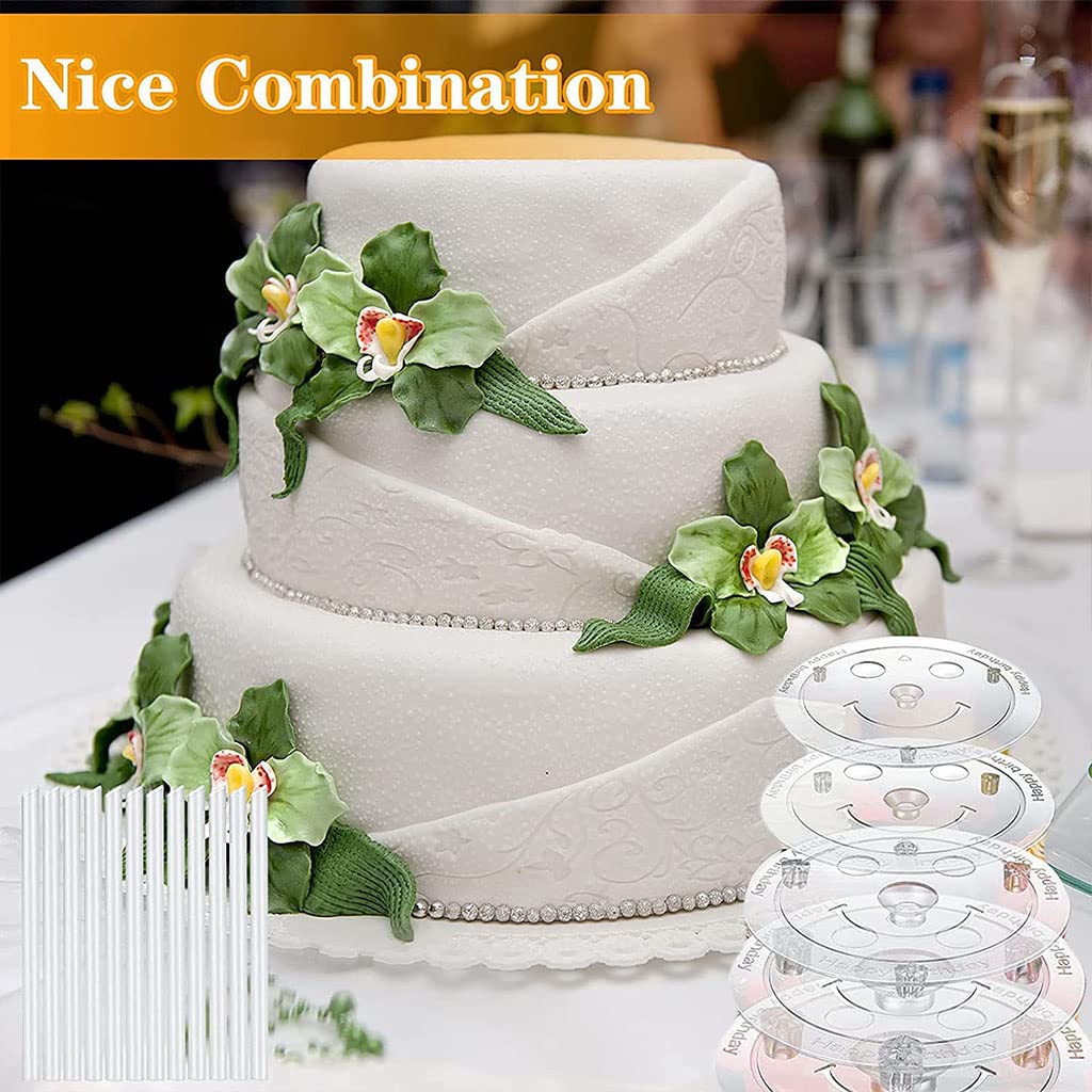 EBOCACB Smiley Plastic Cake Dowel Rods Set,12 Pcs White Plastic Cake Dowel Rods,12 Pcs Clear Cake Stacking and 4 Pcs Smiley Cake Separator Plates for 4, 6, 8, 10 Inch Cakes