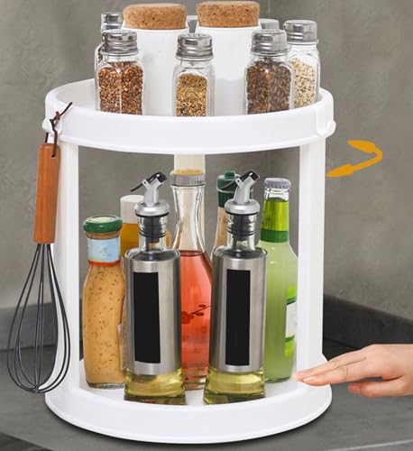 Fineget Large Rotating Lazy Susan Spice Rack Organizer 2 Tiers Countertop Shelf Turntable Spinning Storage Cabinet Plastic Shelves for Kitchen Bathroom White