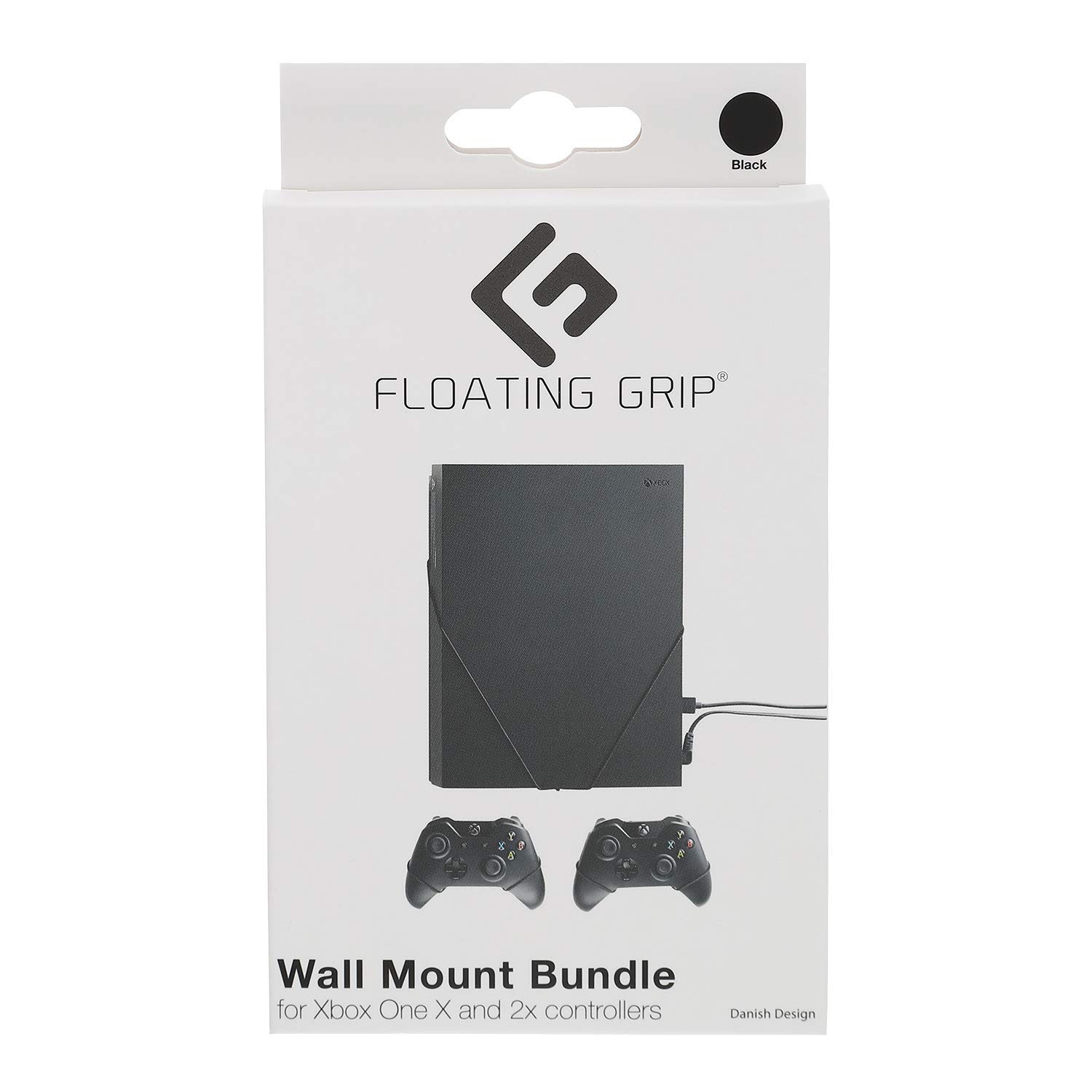 Xbox One X Wall Mount by FLOATING GRIP - Mounting Kit for Hanging Gaming Consoles - Strong & Slim Ropes - Easy-to-Install System (Bundle: Fits Xbox One X + x2 Controllers, Black)