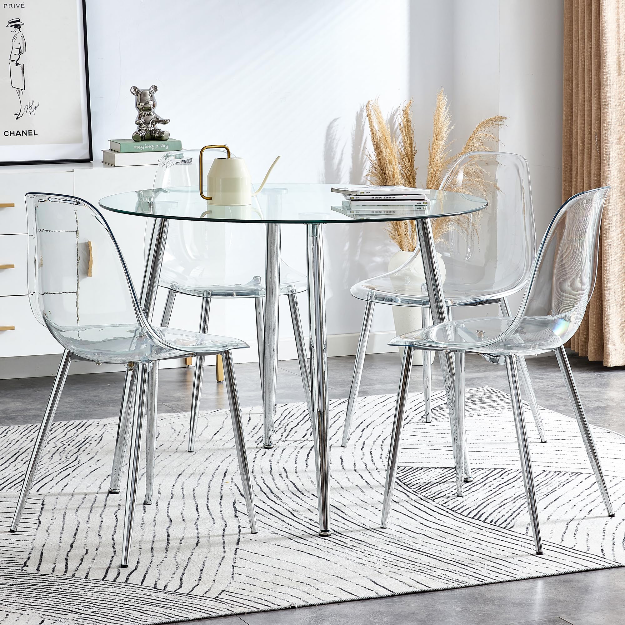 Deolme Modern Dining Table Set, Round Glass Table and 4 Clear Acrylic Chairs, Sturdy Chrome Legs, Easy to Clean, for Kitchen and Living Room
