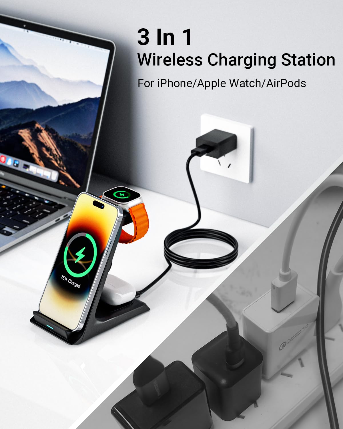 eazpower Wireless Charger for Thick Cases of 10MM/Otterbox/Popsocket Compatible, 3 in 1 Charging Dock for iPhone 15 14 13 12 11 Pro Max, Charging Station for Multiple Devices for Apple Watch/AirPods
